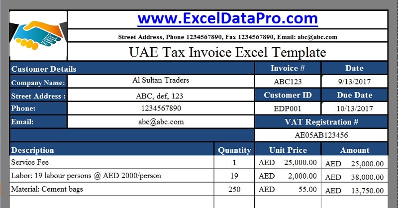 Download UAE VAT Tax Invoice Excel Template As Per The Federal Law 8 Of 2017 On VAT ExcelDataPro