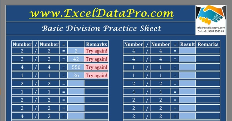 Download Basic Division Practice Sheet Excel Template ExcelDataPro